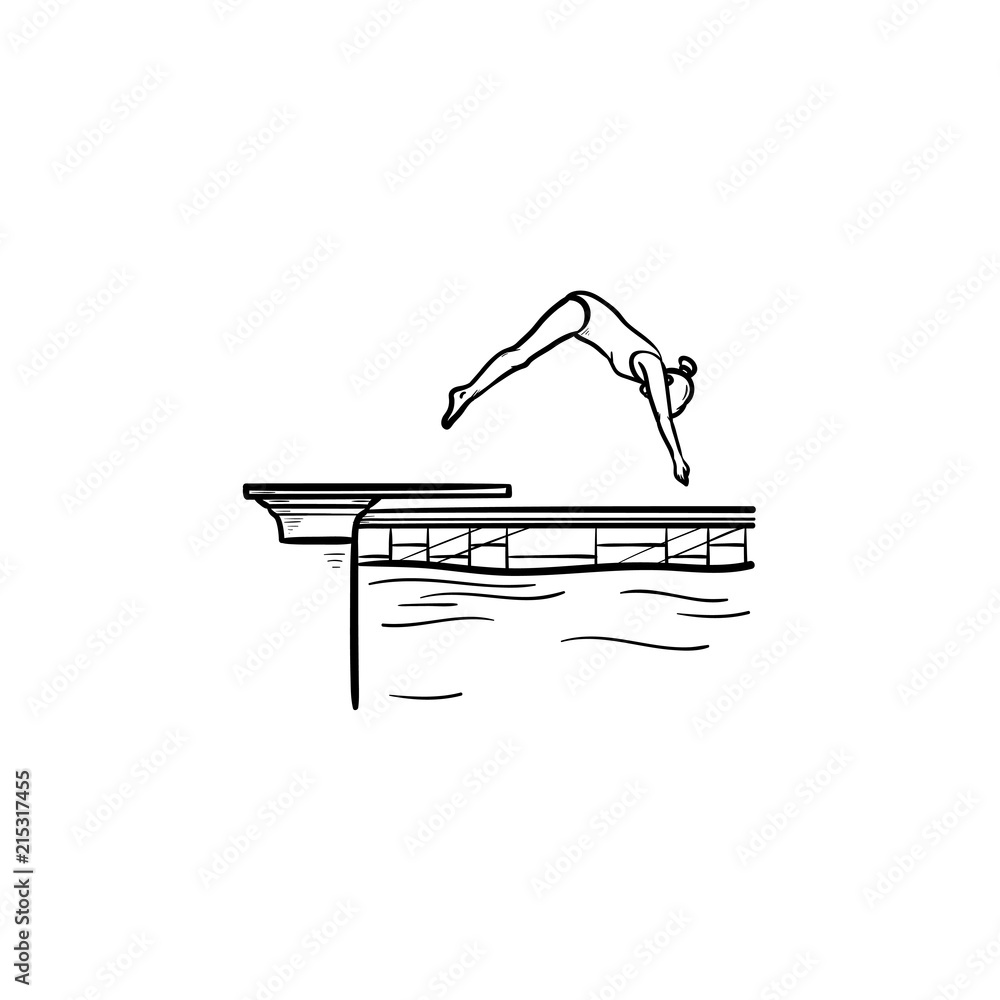 Swimming pool female diving hand drawn outline doodle icon. Water sport ...