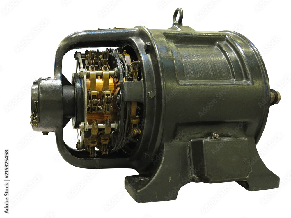 Vintage old industrial equipment powerful electric motor isolated over ...