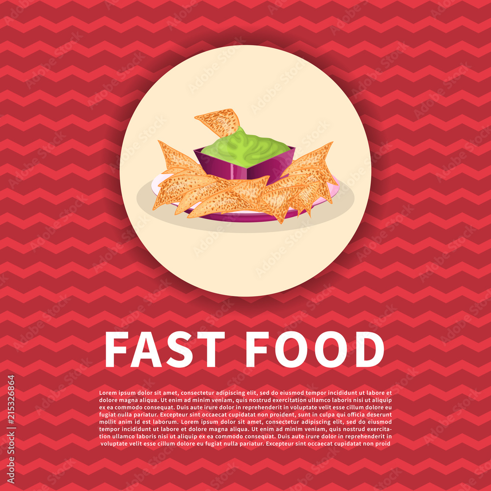 Delicious nachos with guacamole sauce poster. Cute colored picture of ...