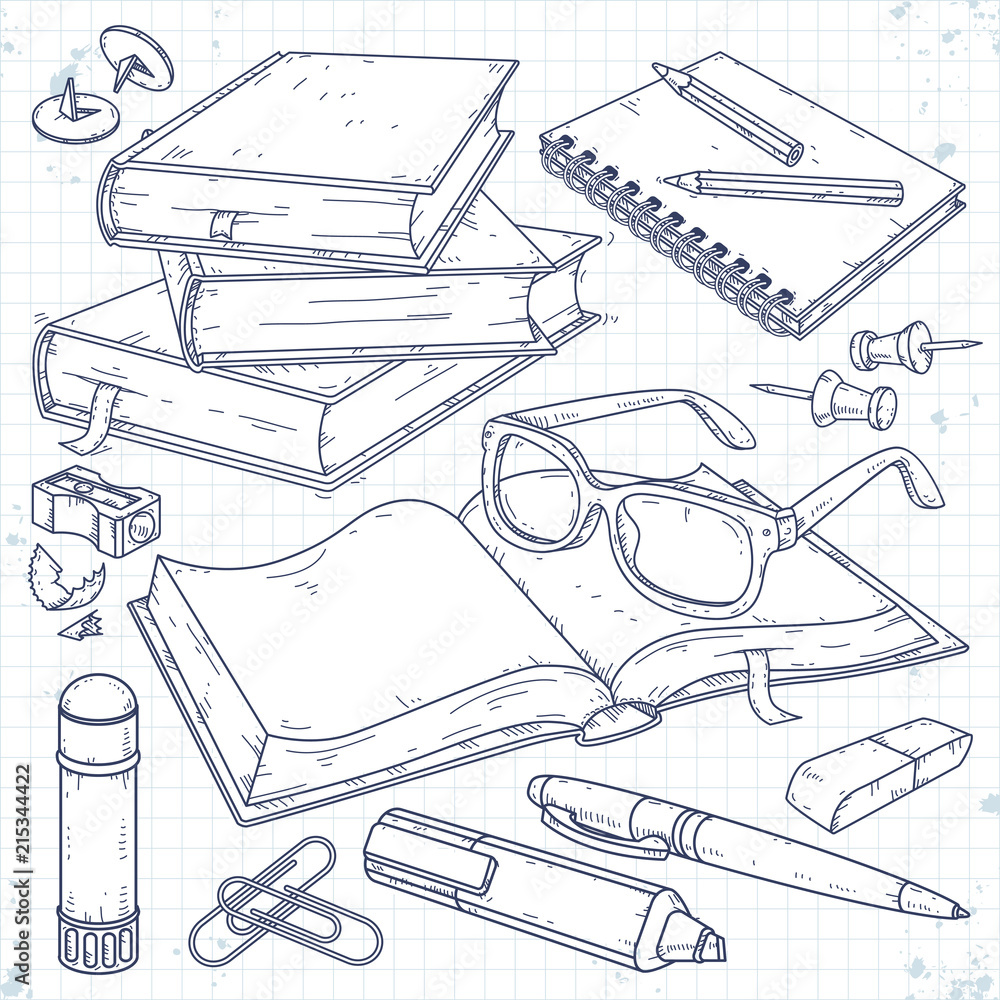 Vector illustration, a stack of books, an open book with glasses, a ...