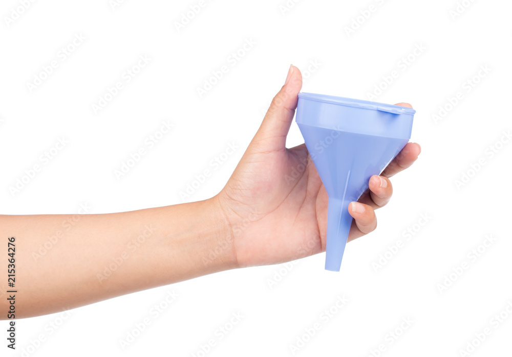 hand holding plastic Kitchen funnel isolated on white background Stock ...