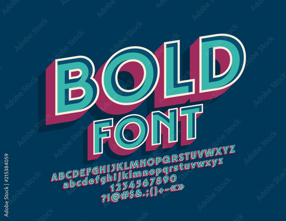 Vector Vintage Bold Font. Set of Retro 3D Letters, Numbers and Symbols ...