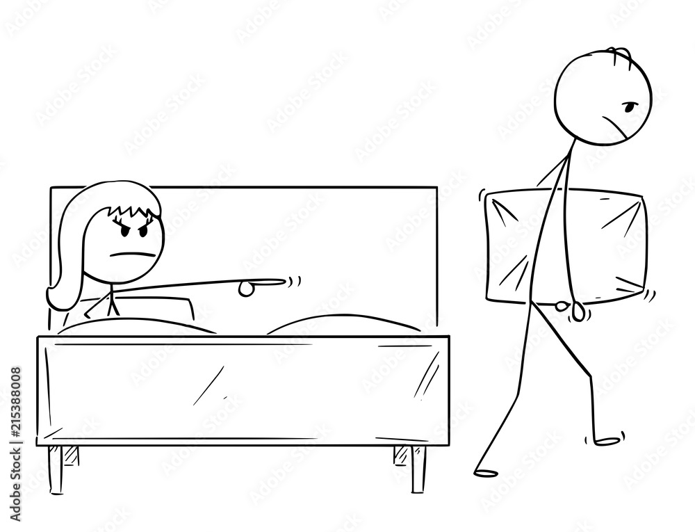 Cartoon stick drawing conceptual illustration of man expelled or ...