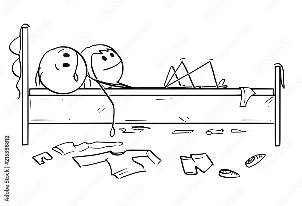 Cartoon stick drawing conceptual illustration of happy couple in bed ...