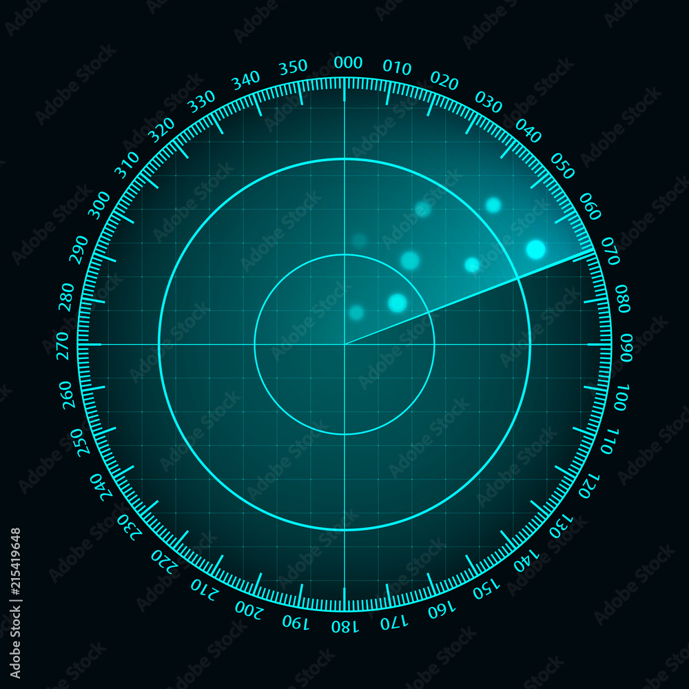 Vector blue radar screen. Military search system. Futuristic HUD radar ...