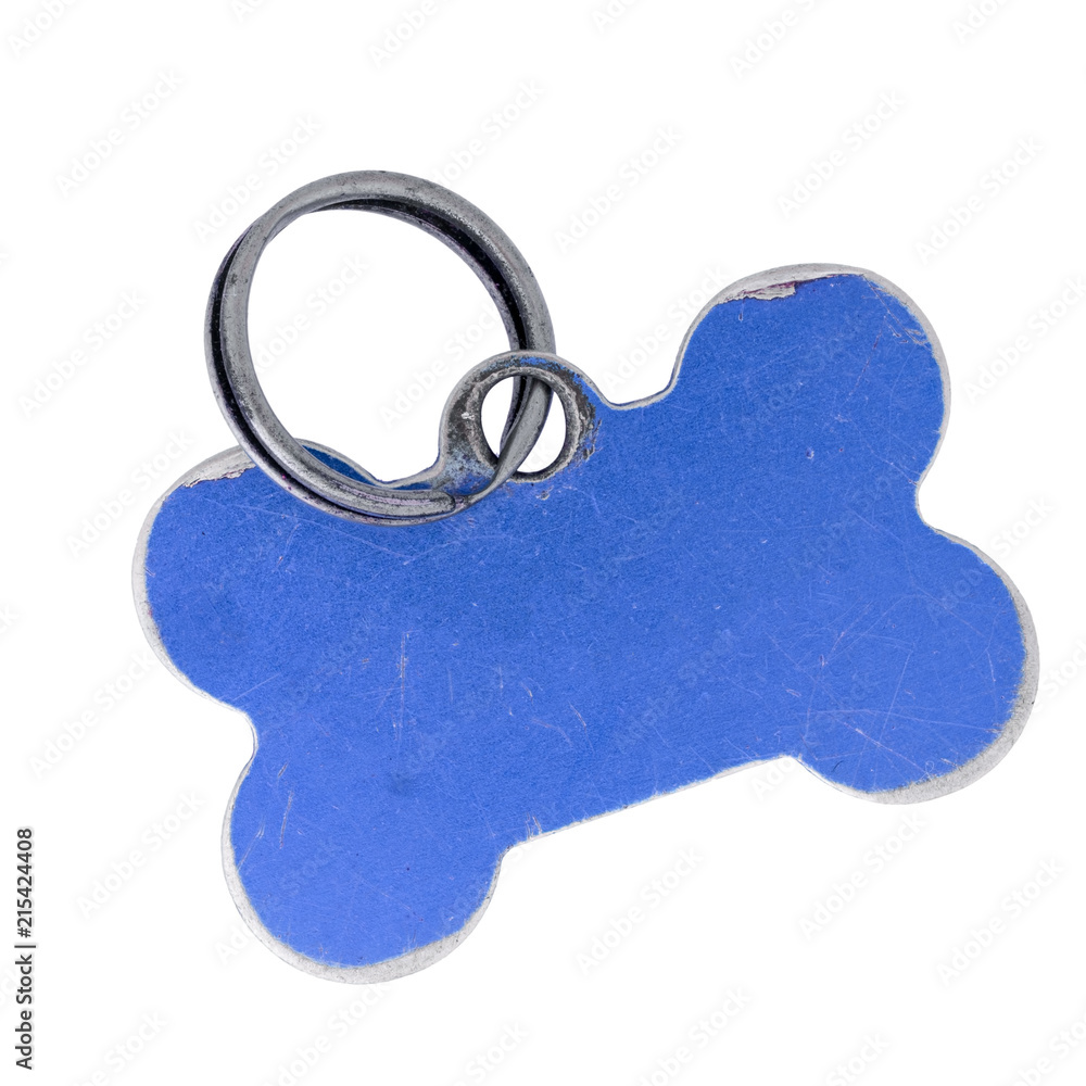 Old dog name tag in shape of bone, blue, isolated on white Stock Photo ...
