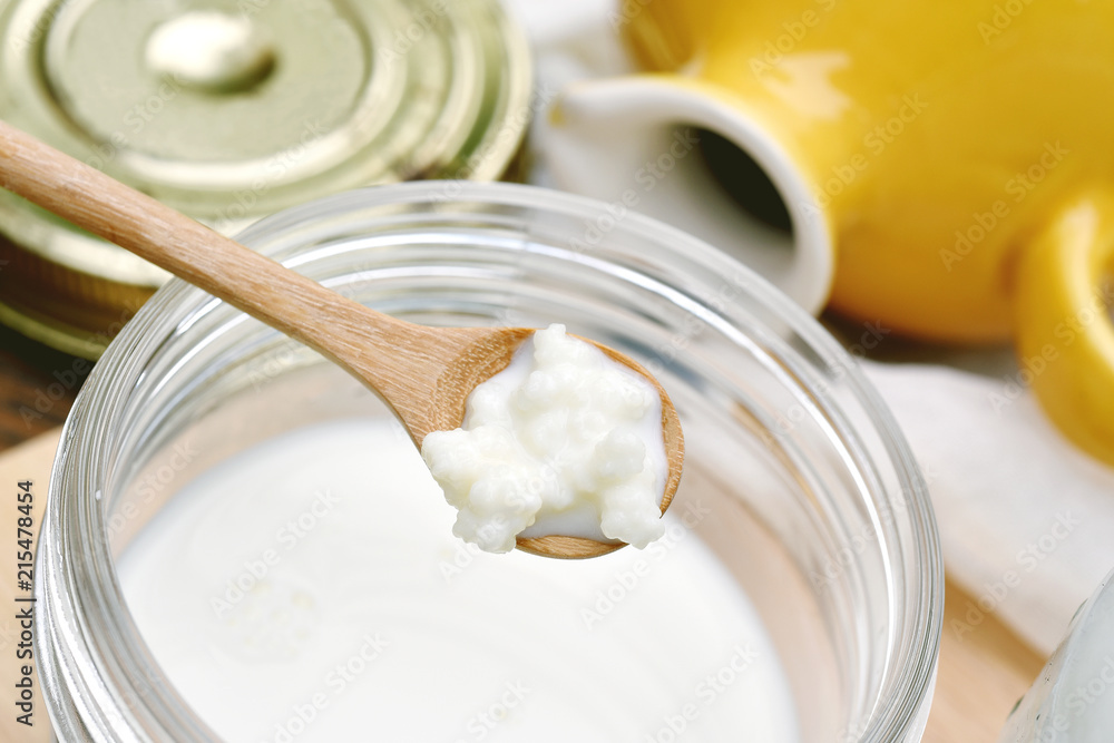 Kefir milk, Close up of hand holding kefir grains, Healthy fermented ...
