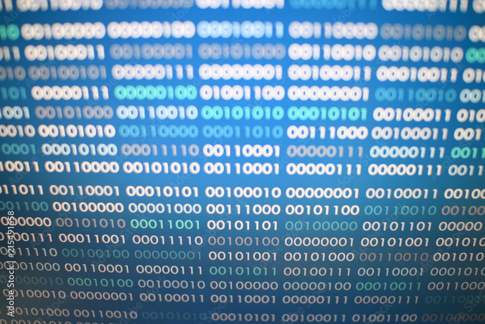 blue binary code. blocks of binary data. Blockchain concept. blue background with computer ...