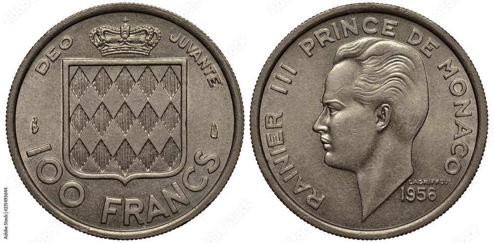 Monaco Monegasque coin 100 one hundred 1956, crowned shield with rhombs ...