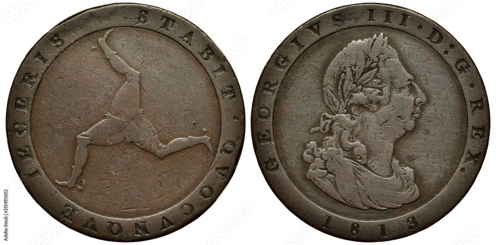 Isle of Man, Manx coin 1 one penny 1813, triskelion (triple leg), motto ...