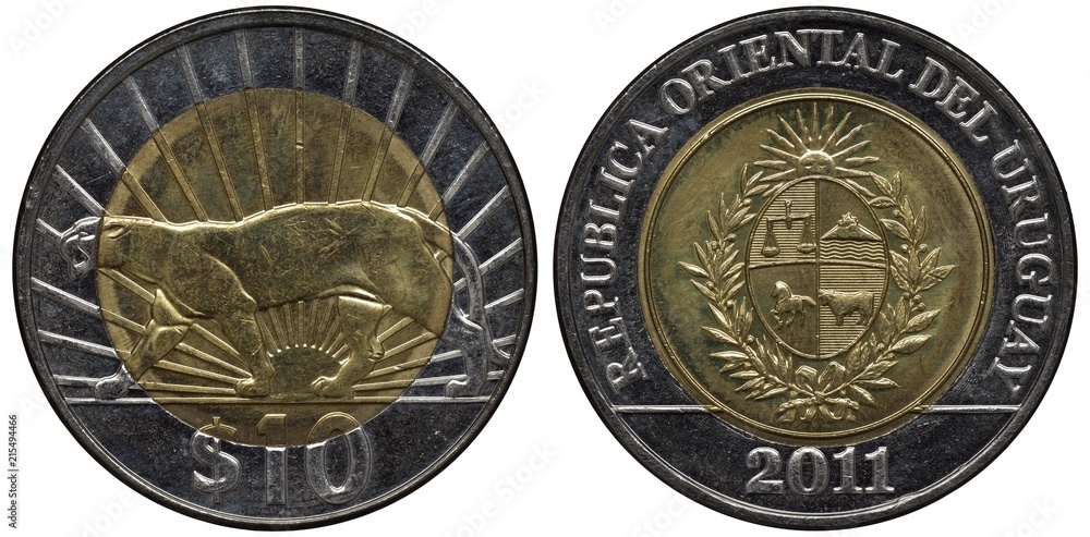 Uruguay Uruguayan bimetallic coin 10 ten pesos 2011, jaguar in front of ...
