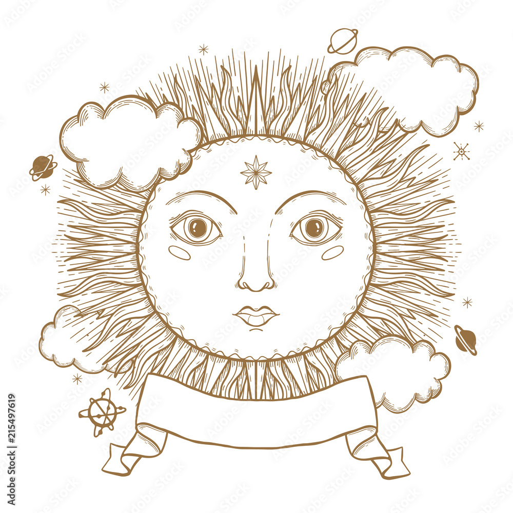 Sketch graphic illustration Beautiful Sun face with mystic and occult ...