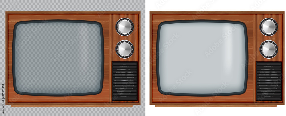 Old wooden television.Vector retro television mock up with transparent ...