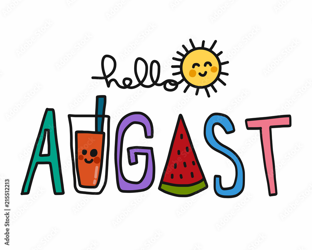 Hello August word and cute sun cartoon vector illustration Stock Vector ...