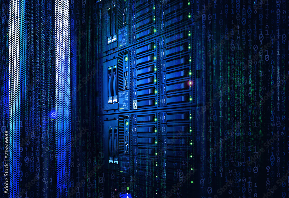 Binary stream, flow of information. Concept of blade server, storage ...