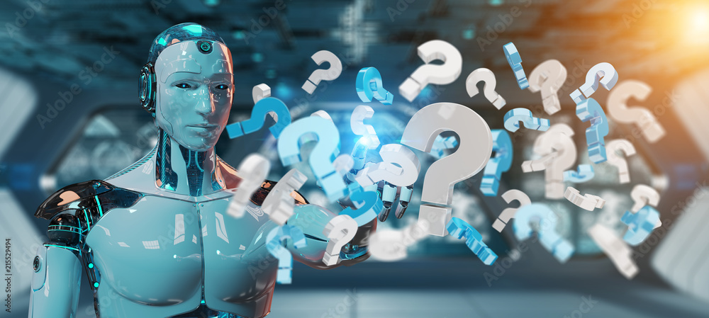 White robot using digital question marks 3D rendering Stock ...