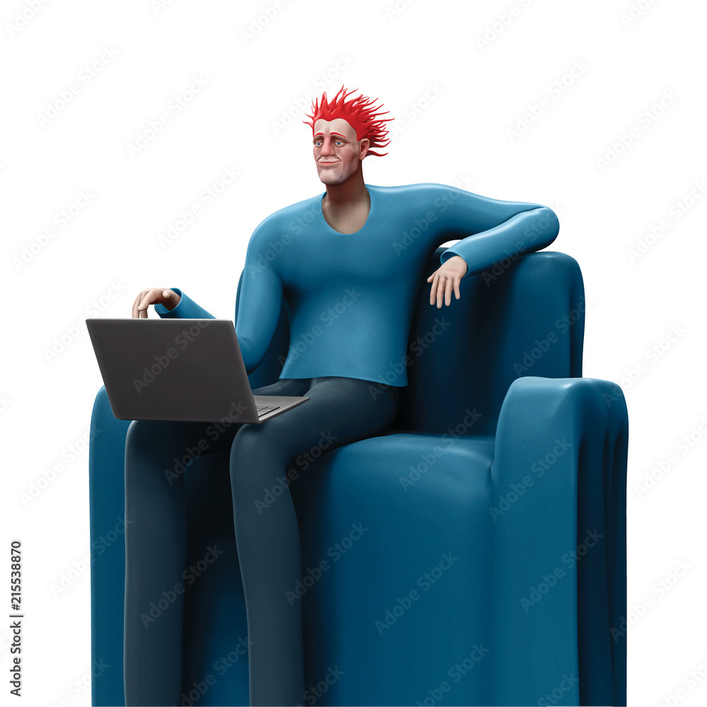 Cartoon man sitting on a sofa looking at the screen of his laptop 3D ...