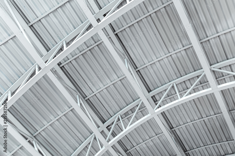 industrial corrugated metal ceiling structure with metal truss frame ...