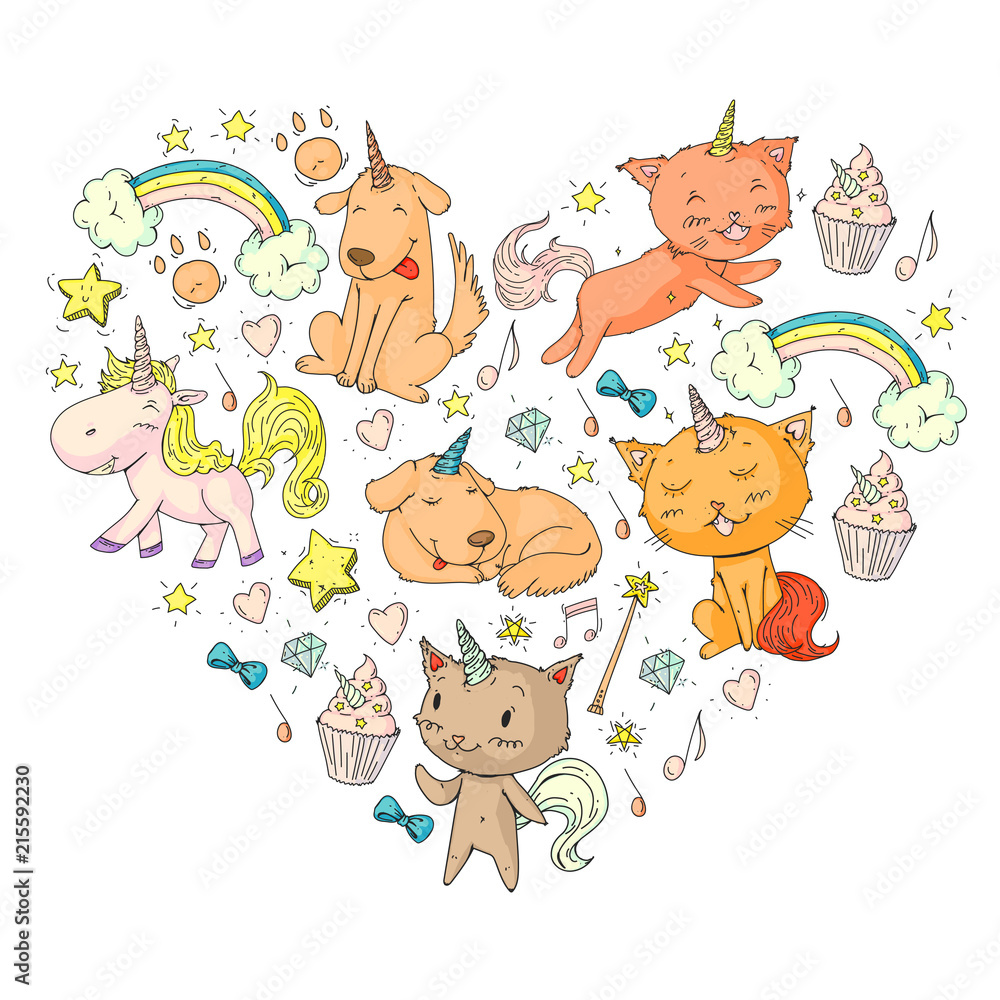 Vector unicorns. Caticorn. Cat, dog, pony with horn and rainbow ...