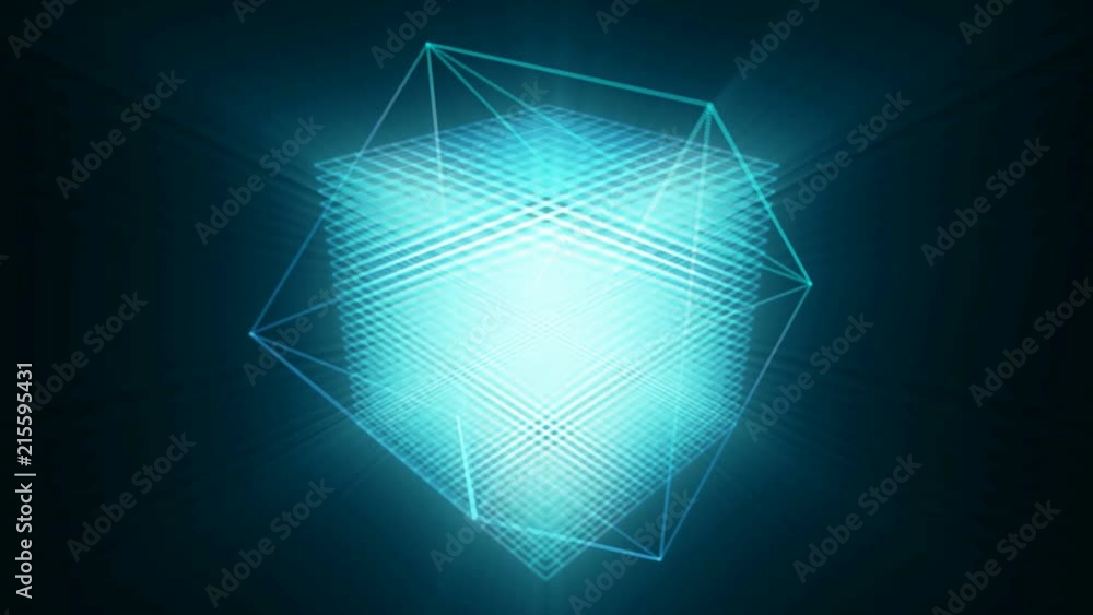 Blue particles cube form rotating with geometric lines on dark ...