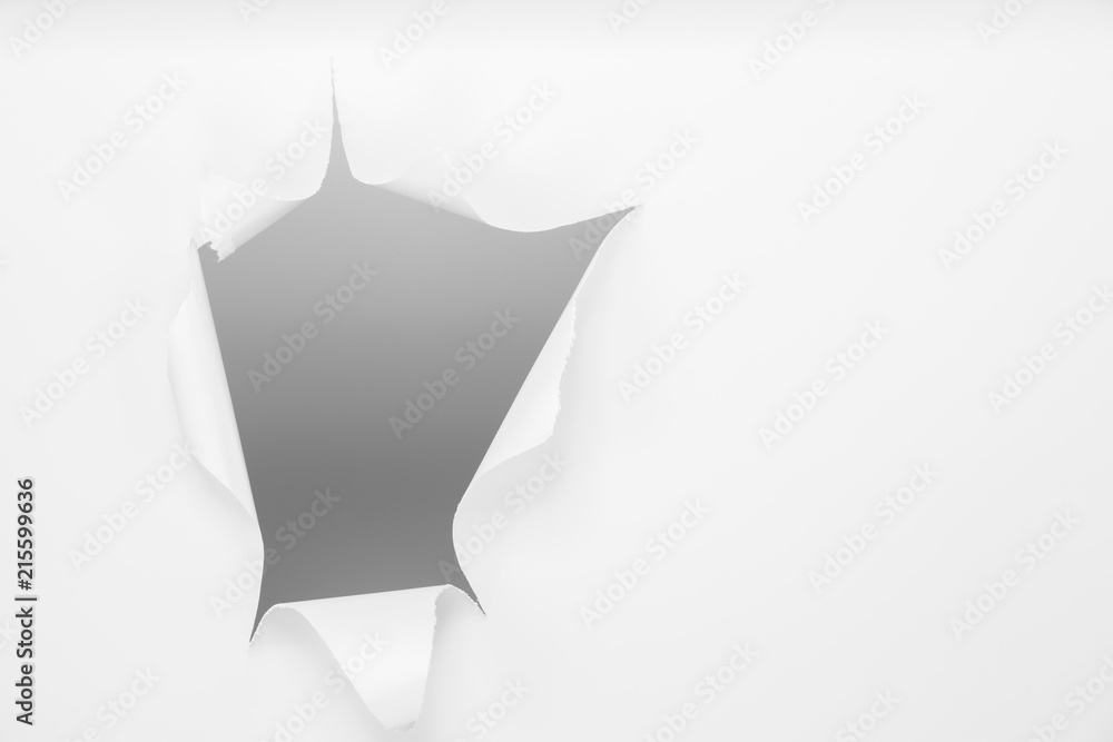 Hole through paper white background - ripped and torn dark circle blank ...