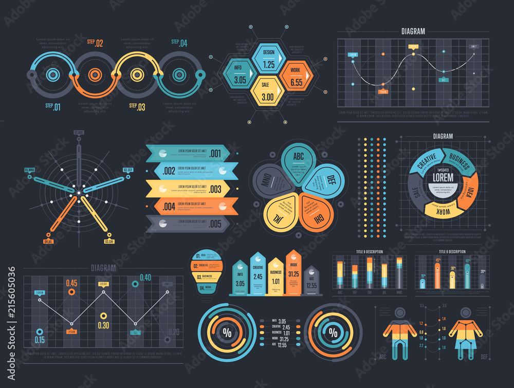 Financial and marketing statistic graphic with charts and diagrams ...