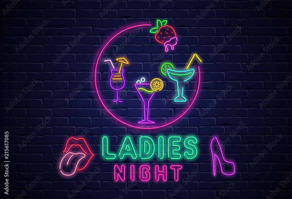 Black ladies night background with colorful neon decoration. Stock ...