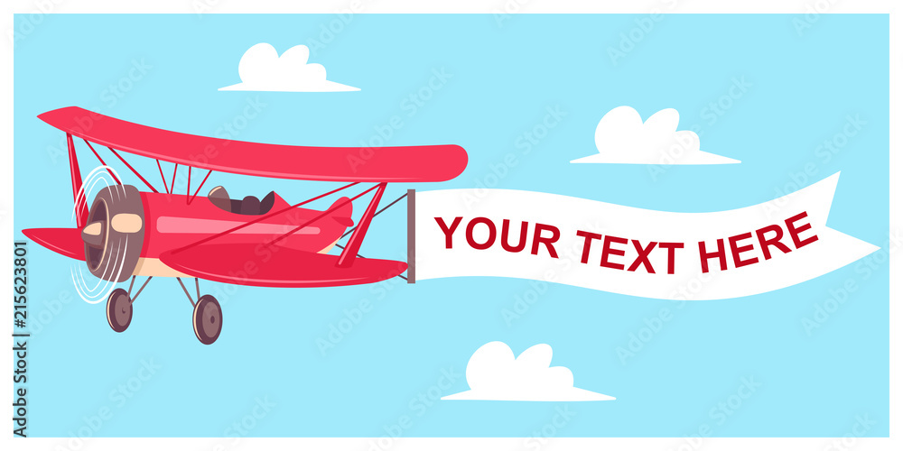 Red airplane with flight banner on a sky background with clouds. Vector ...