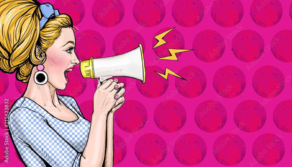 Pop art girl with megaphone. Woman with loudspeaker. Advertising poster ...