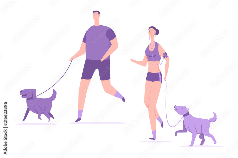 Fitness and sports with dogs. Young couple run with pets vector cartoon ...