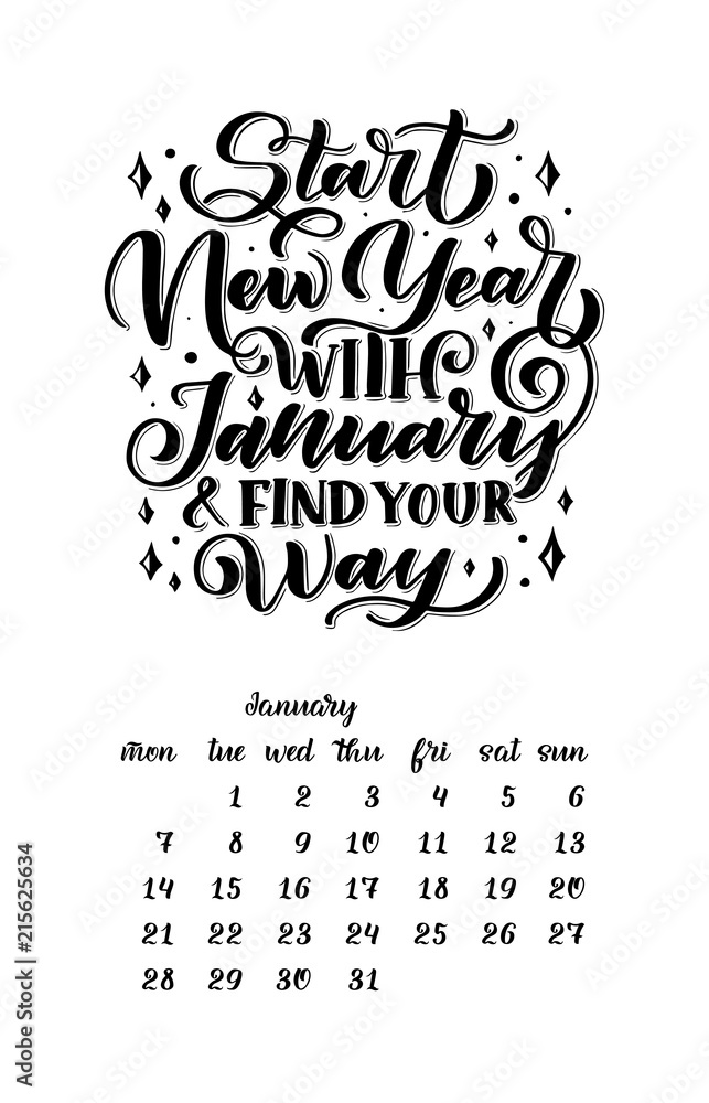 Vector calendar for month 2 0 1 9. Hand drawn lettering quotes for ...