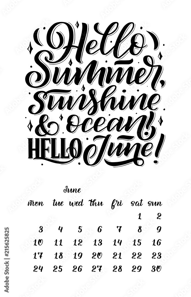 Vector calendar for month 2 0 1 9. Hand drawn lettering quotes for ...
