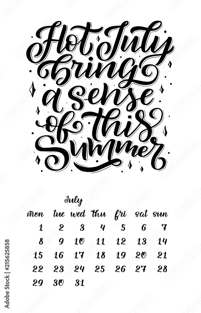 Vector calendar for month 2 0 1 9. Hand drawn lettering quotes for ...