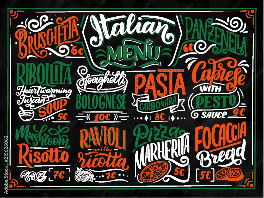 Italian food menu - names of dishes. Lettering phrases for your design ...