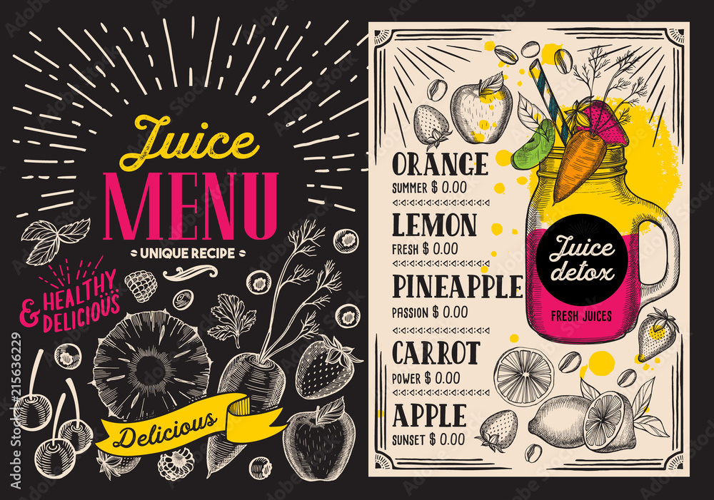 Juice smoothie menu for restaurant and cafe. Vector drink flyer on ...