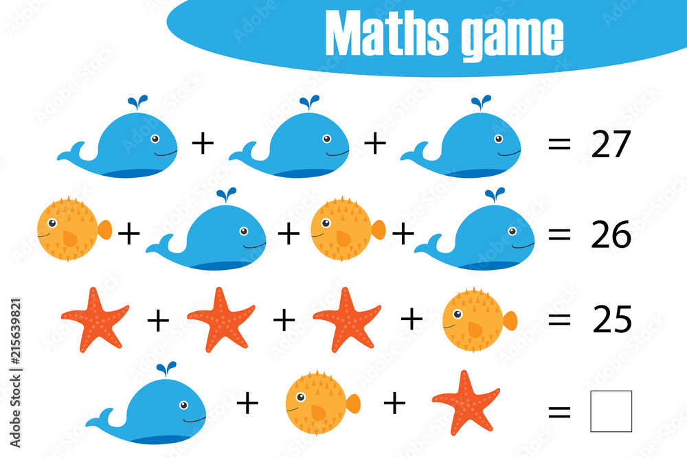 Maths game with pictures of ocean animals for children, middle level ...