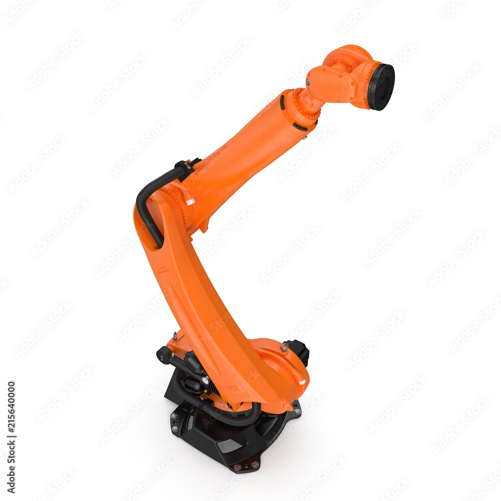Orange robot arm for industry isolated on white. Side view. 3D ...
