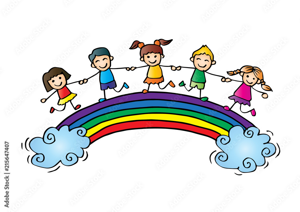 Cartoon happy kids on the rainbow. Stock Illustration | Adobe Stock