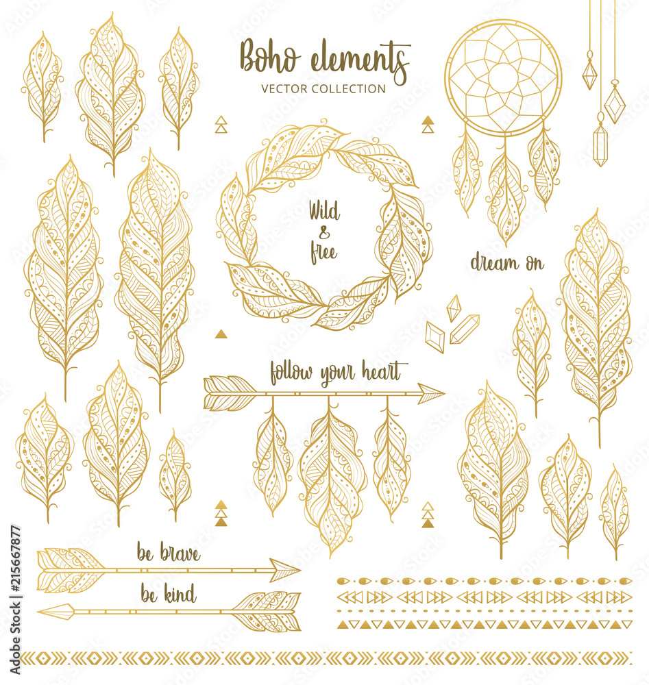 Set of boho style hand drawn elements in golden color. Boho design ...