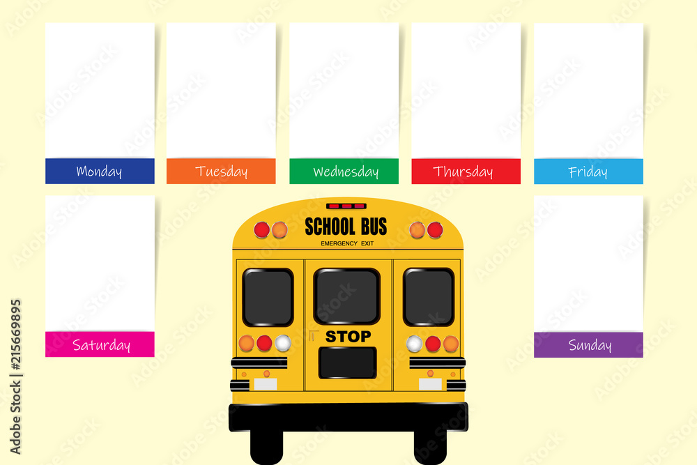 Weekly planner with a school bus in the center of the vector. Empty ...