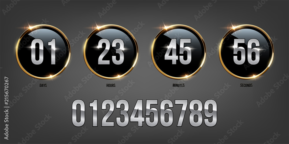 Silver numbers inside golden rings on dark background. Vector luxury ...