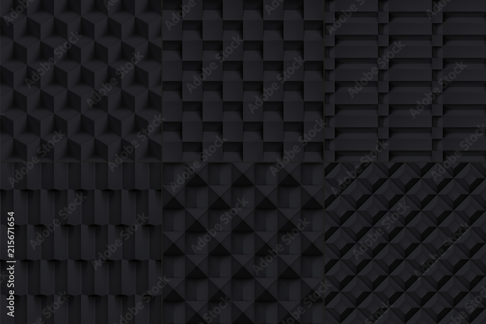 Volume realistic vector cubes textures set, black geometric pattern ...