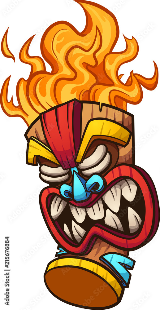 Cartoon tiki mask with fire hair. Vector clip art illustration with ...