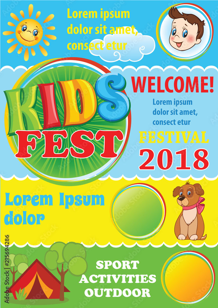 Vecteur Stock Kids Fest flyer, colorful vector invitation template ...