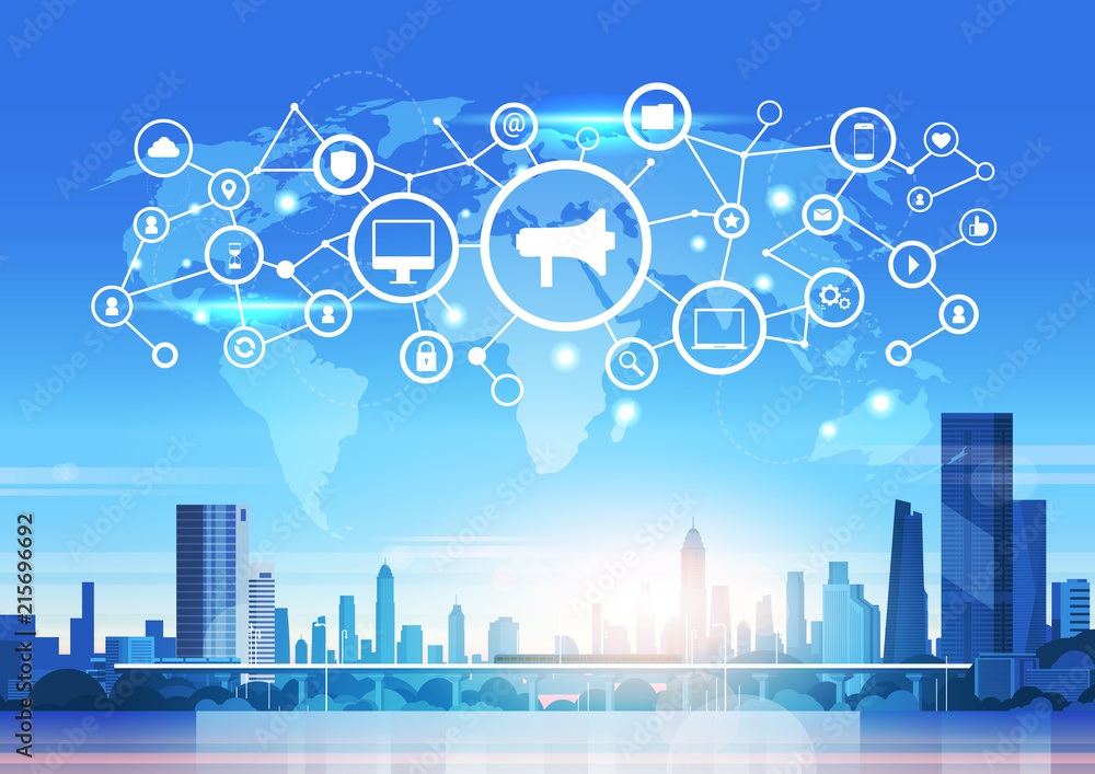 world map futuristic interface social media network icon loudspeaker ...