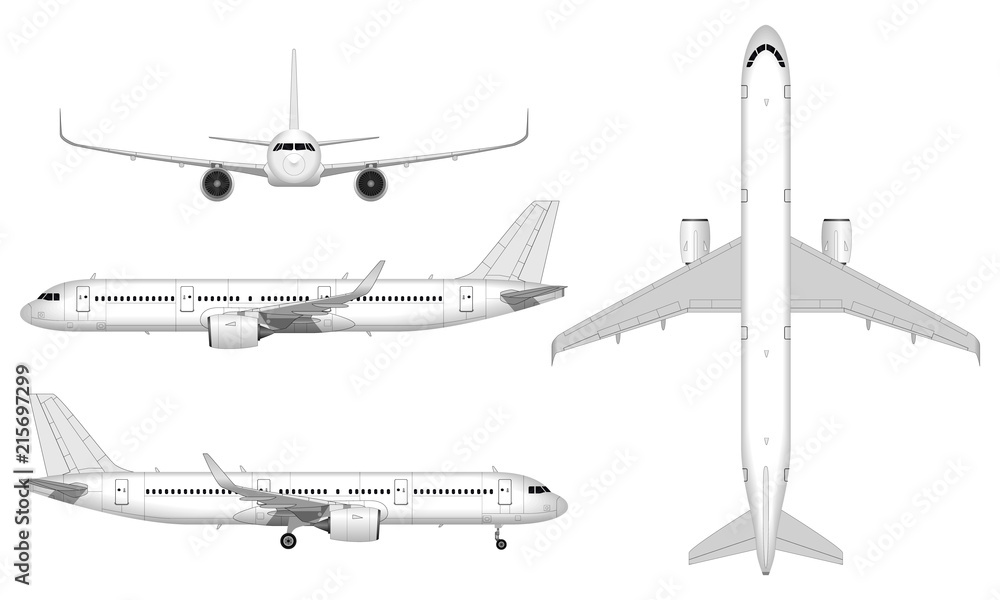 realistic big passenger airplane. view from above; front view; side ...