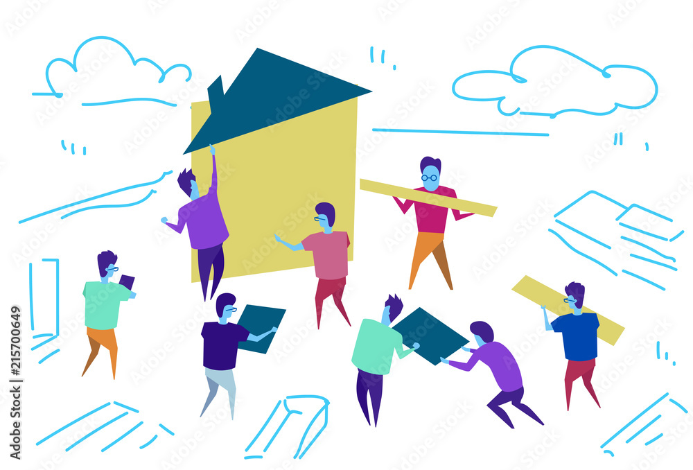 people group construction house workers team building process teamwork ...