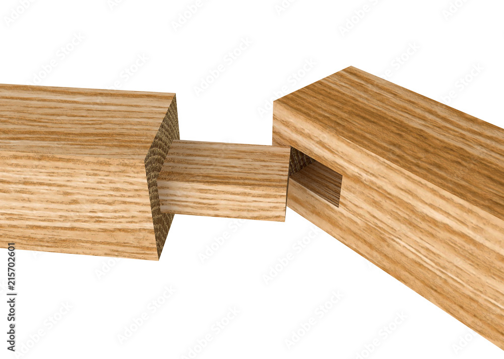 3D realistic render of boards with woodworking tenon inserted into a ...