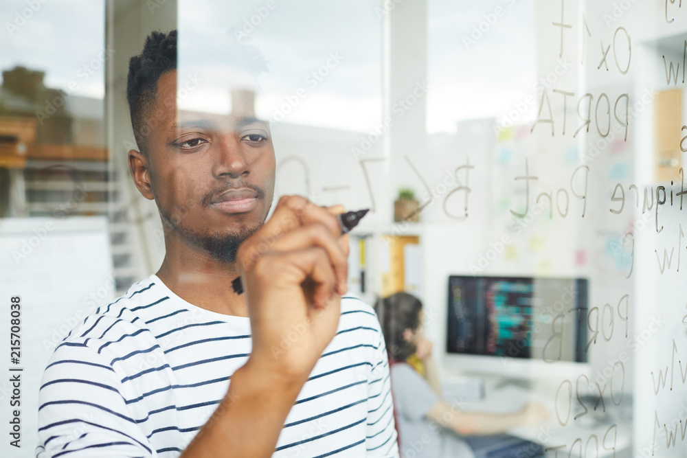 Serious concentrated handsome young African-American web developer ...