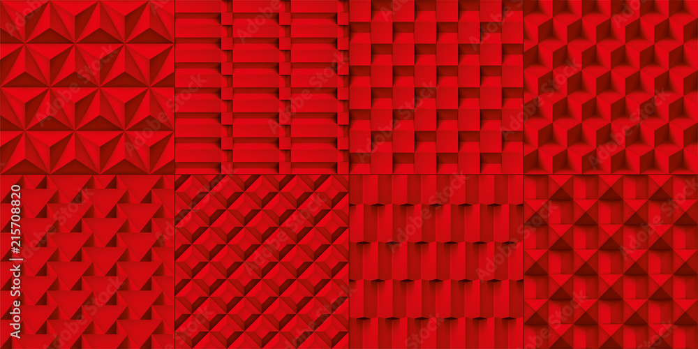 8 Volume realistic vector cubes textures set, red geometric patterns, design backgrounds for you ...